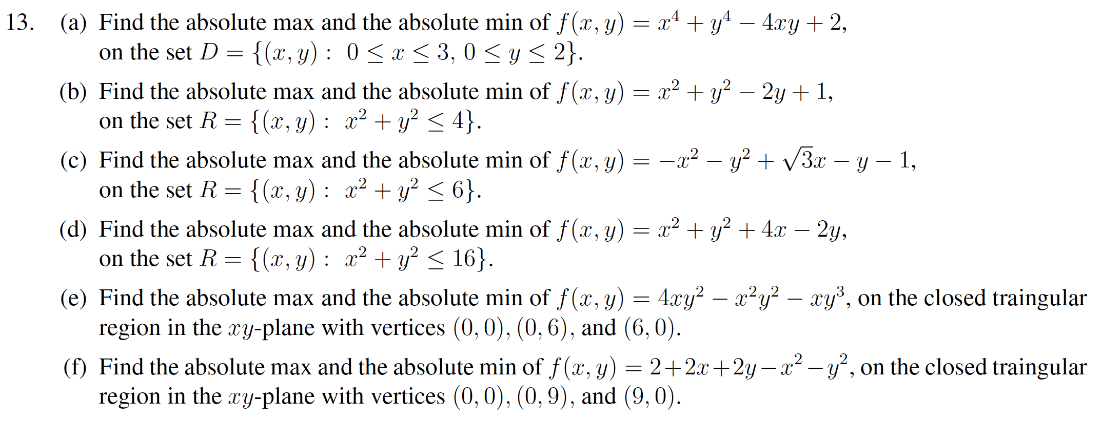 Solved Find the absolute max and the absolute min off(x, y) | Chegg.com