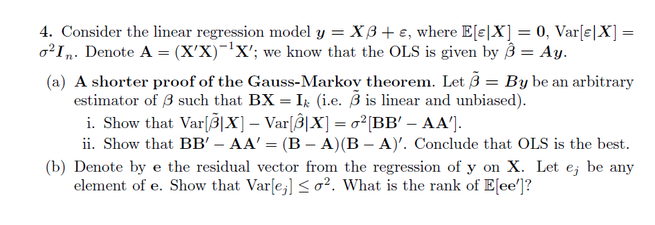 Solved Consider the linear regression model y = X beta + | Chegg.com