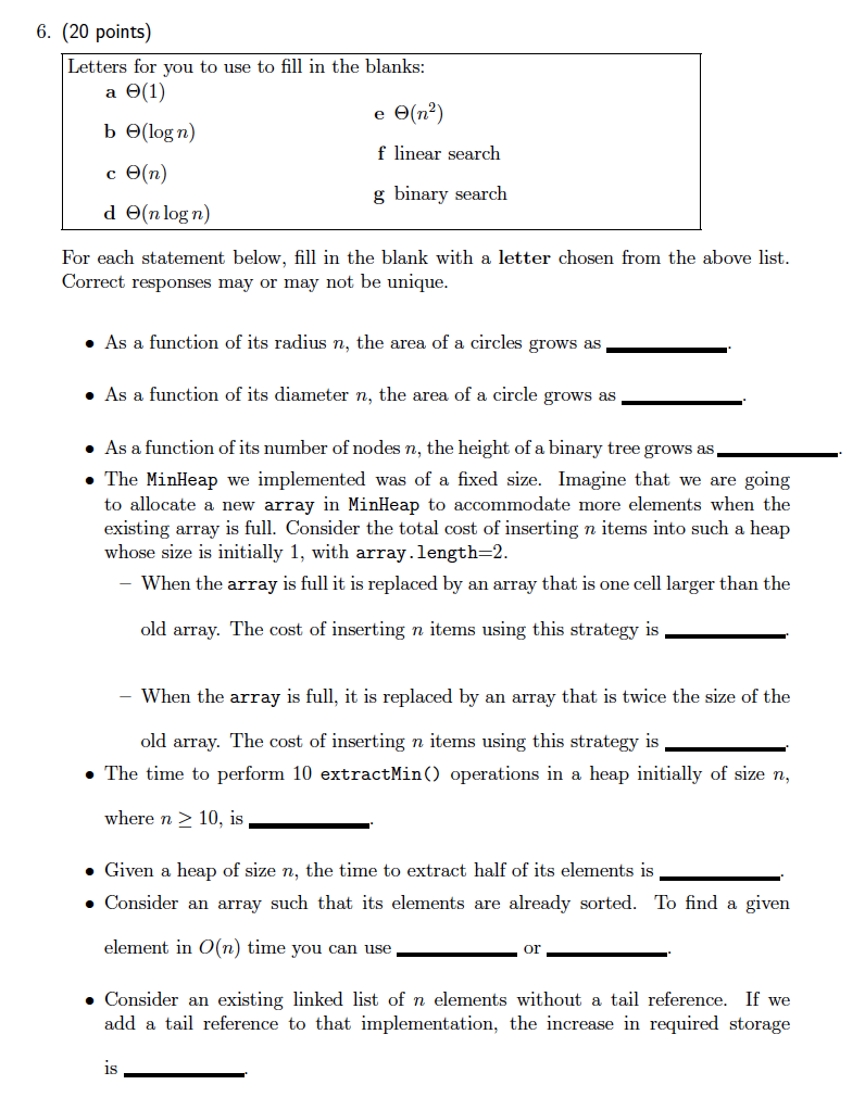 Solved 6. (20 points) Letters for you to use to fill in the | Chegg.com