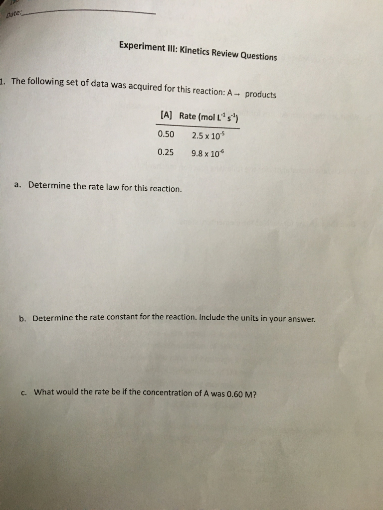 Solved te Experiment IIl: Kinetics Review Questions The | Chegg.com