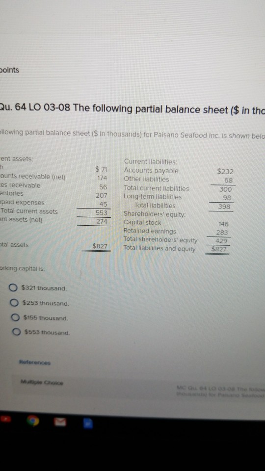 Solved oints Qu. 64 LO 03-08 The following partial balance | Chegg.com