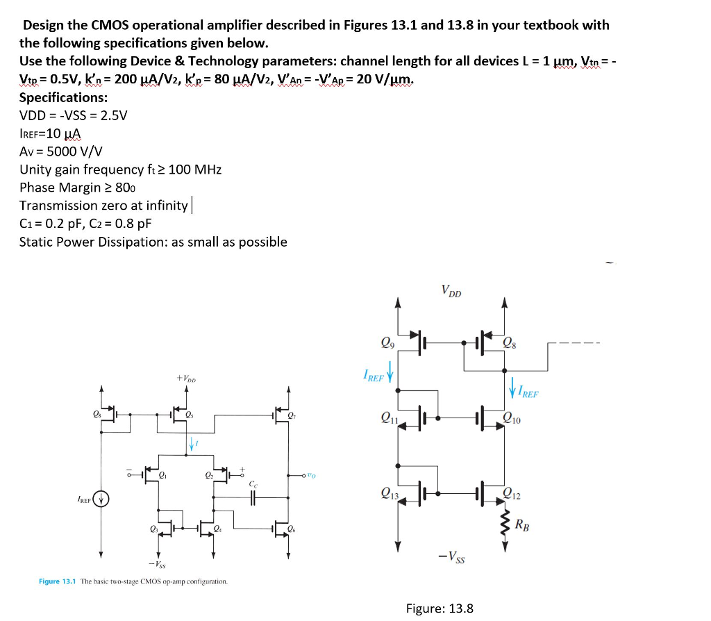Design the CMOS operational amplifier described in | Chegg.com
