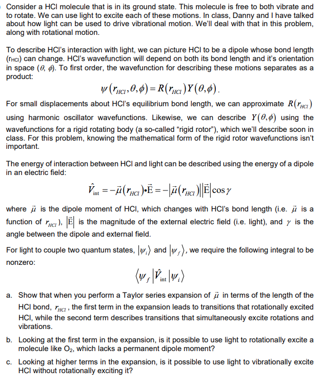 Consider a HCI molecule that is in its ground state. | Chegg.com