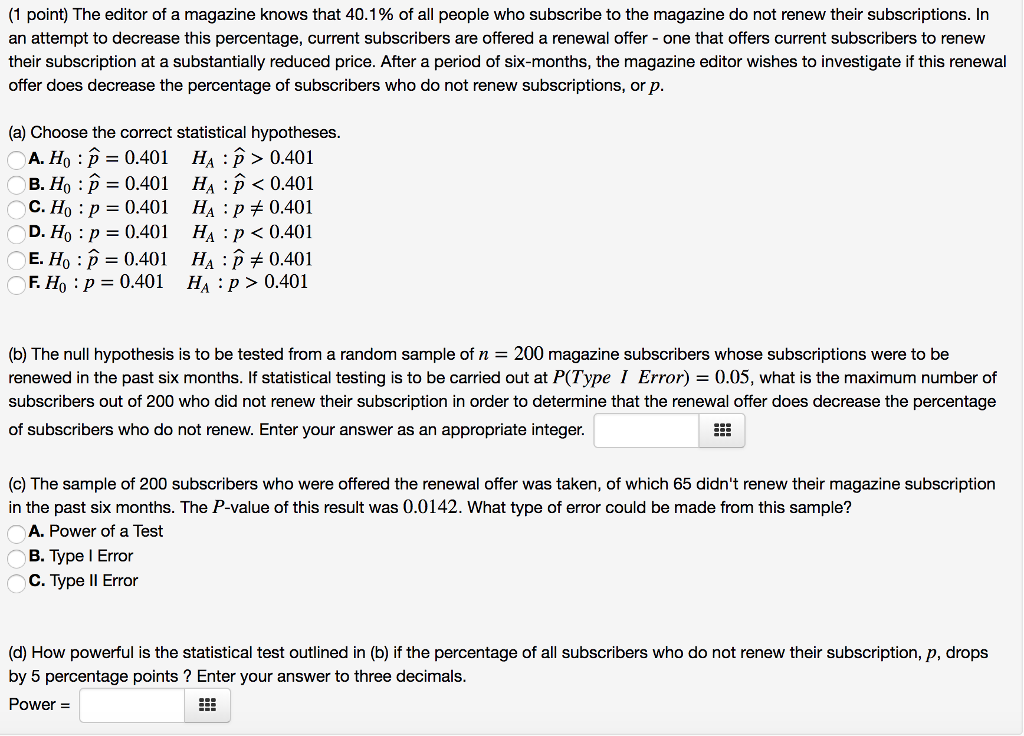 Solved (1 point) The editor of a magazine knows that 40.1% | Chegg.com