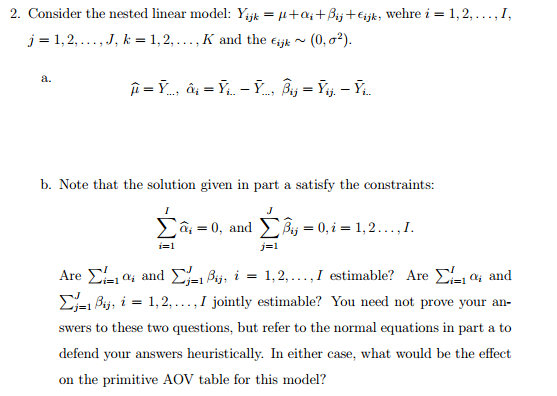 Consider the nested linear model: Y_ijk = mu + | Chegg.com