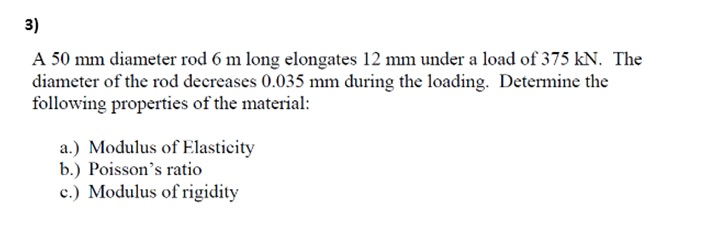 Solved A 50 mm diameter rod 6 m long elongates 12 mm under a | Chegg.com