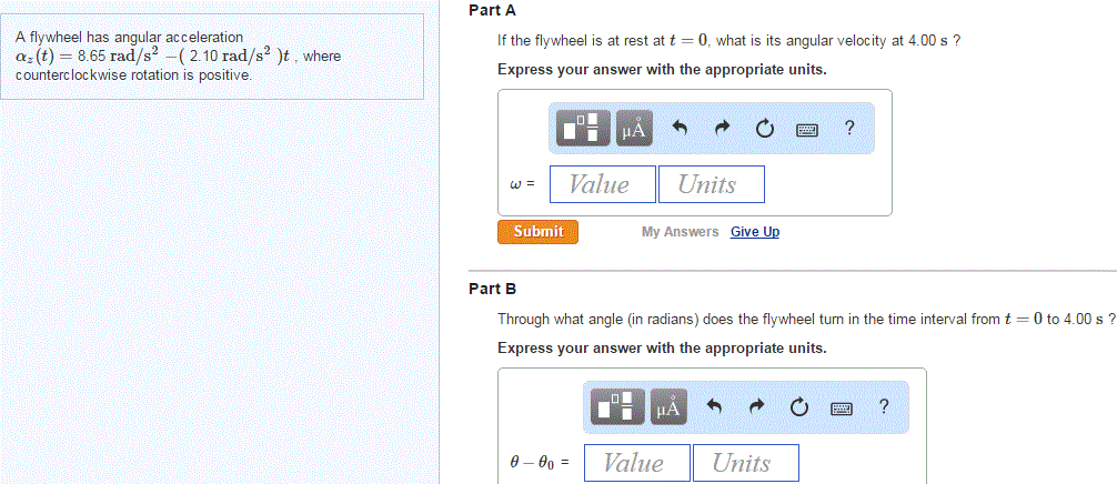 Solved A flywheel has angular acceleration alpha_z(t) = 8.65 | Chegg.com