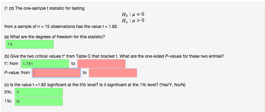 Solved (1 pt) The one-sample t statistic for testing Ho : μ | Chegg.com