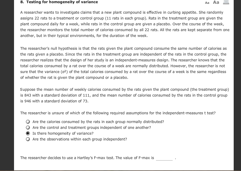 Solved 8. Testing for homogeneity of variance Aa Aa E A | Chegg.com