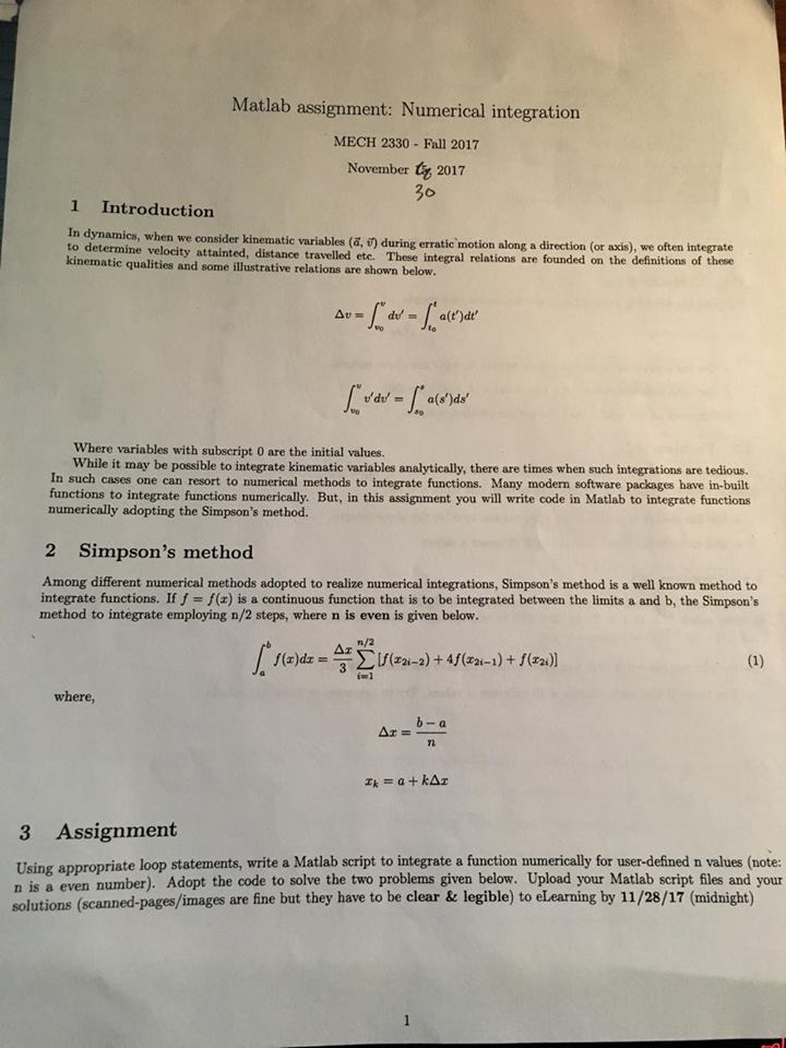 Solved Matlab assignment: Numerical integration MECH 2330 | Chegg.com