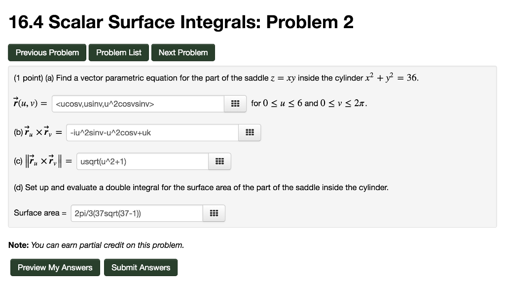 Solved 16.4 Scalar Surface Integrals: Problem 2 Previous | Chegg.com