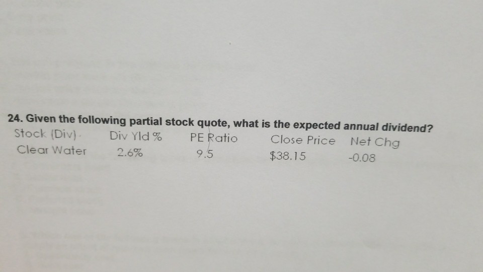 Solved 24. Given the following partial stock quote, what is | Chegg.com
