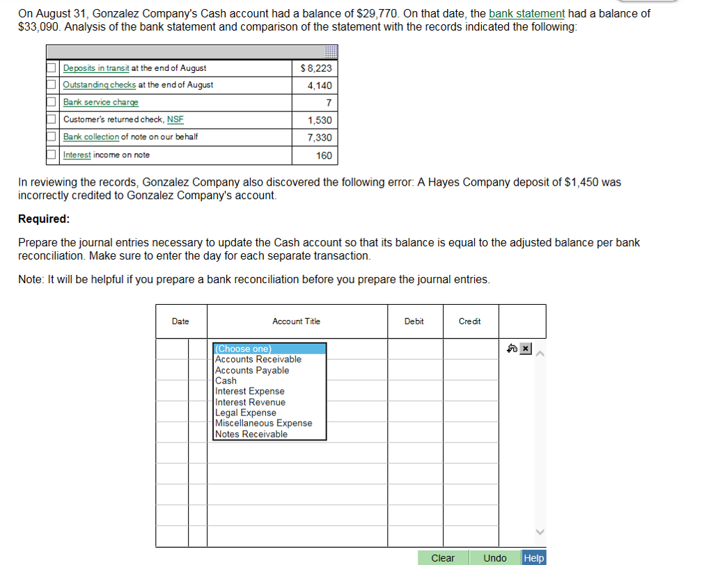 Solved On August 31, Gonzalez Company's Cash account had a | Chegg.com
