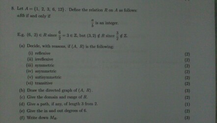 Solved Let A = (1, 2, 3. 6. 12). Define the relation R to A | Chegg.com
