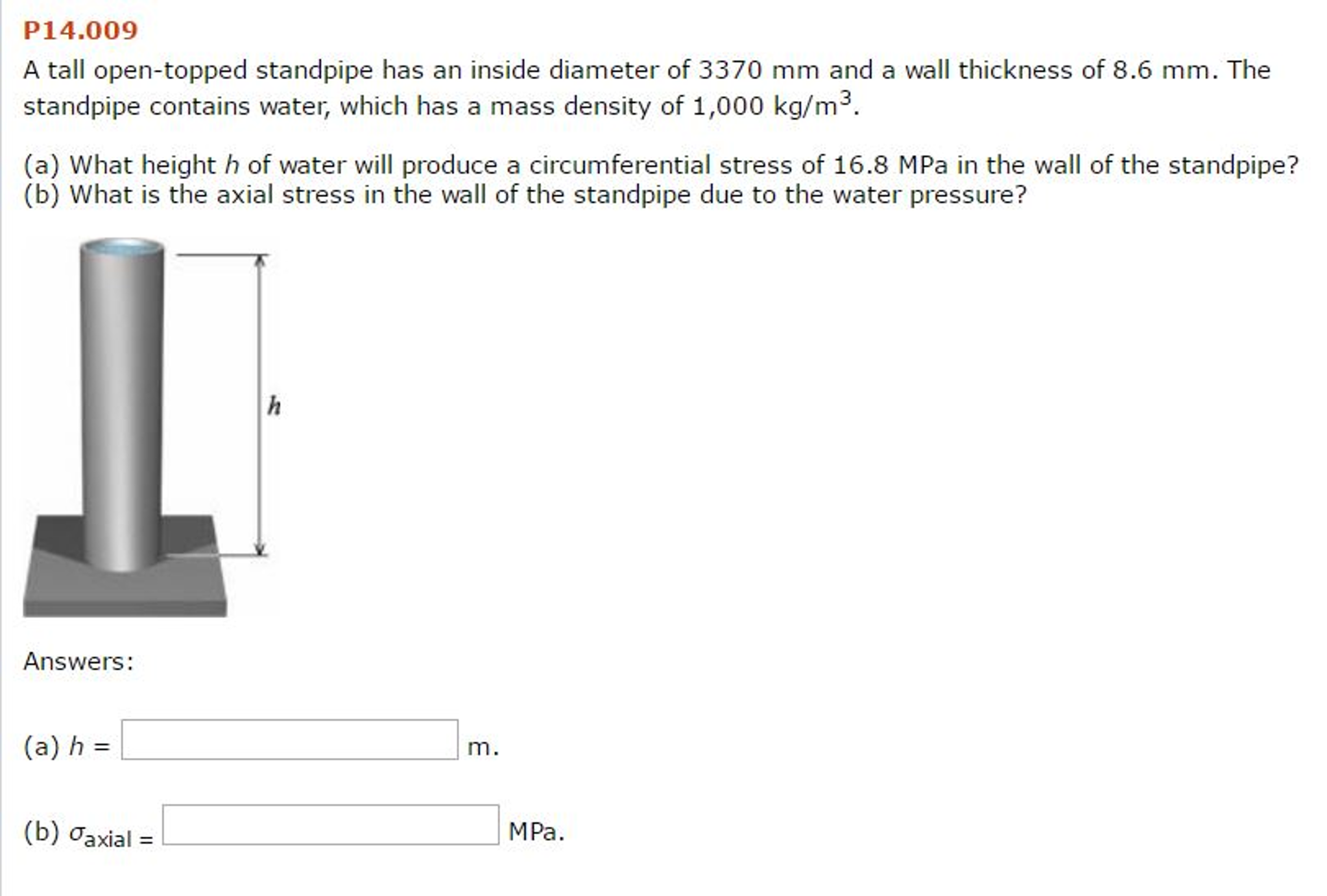 Solved A tall open-topped standpipe has an inside diameter | Chegg.com