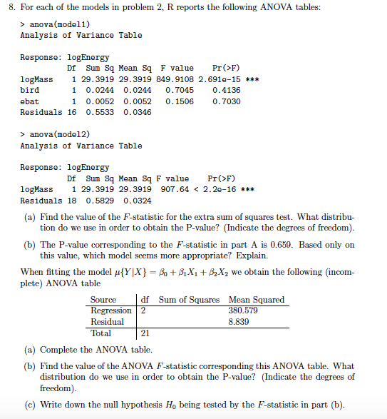 Solved For each of the models in problem 2, R reports the | Chegg.com