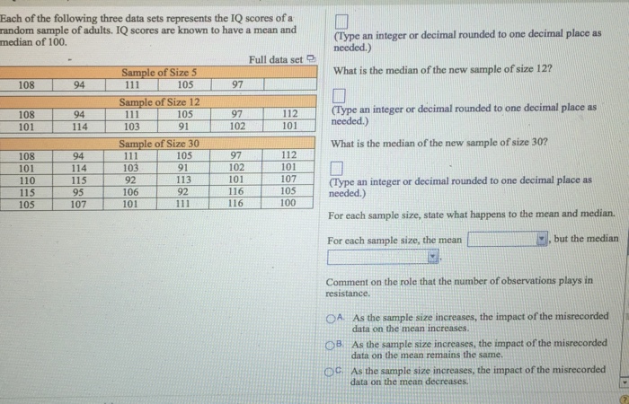 Solved each of the following three data sets represents the | Chegg.com