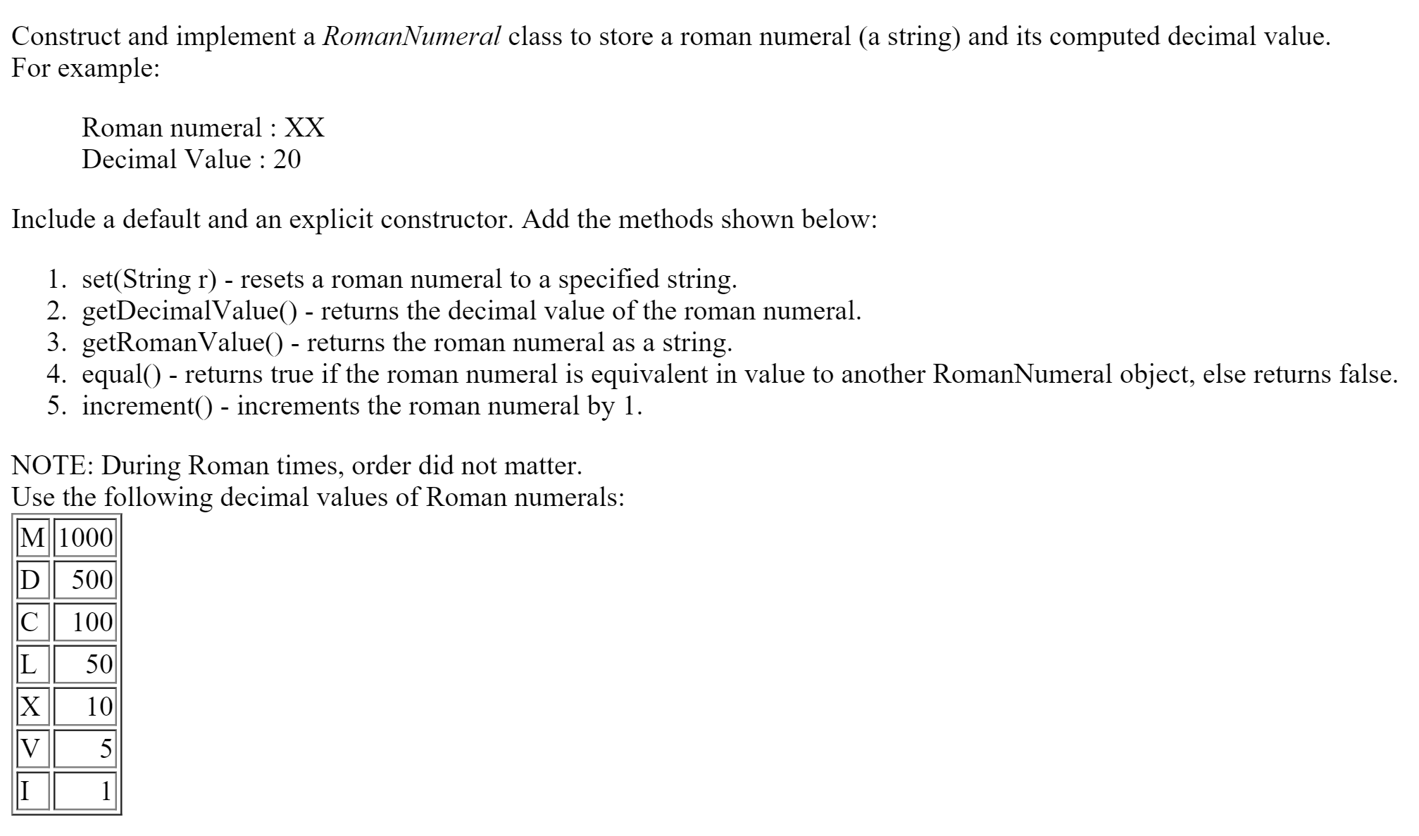 Solved Construct and implement a Roman Numeral class to | Chegg.com