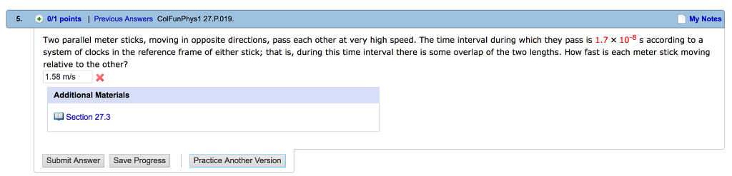 Solved 5. 0/1 points l Previous Answers ColFunPhys1 27. | Chegg.com