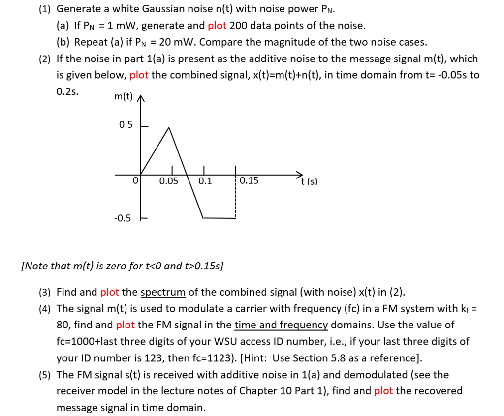 Solved (1) Generate a white Gaussian noise n(t) with noise | Chegg.com