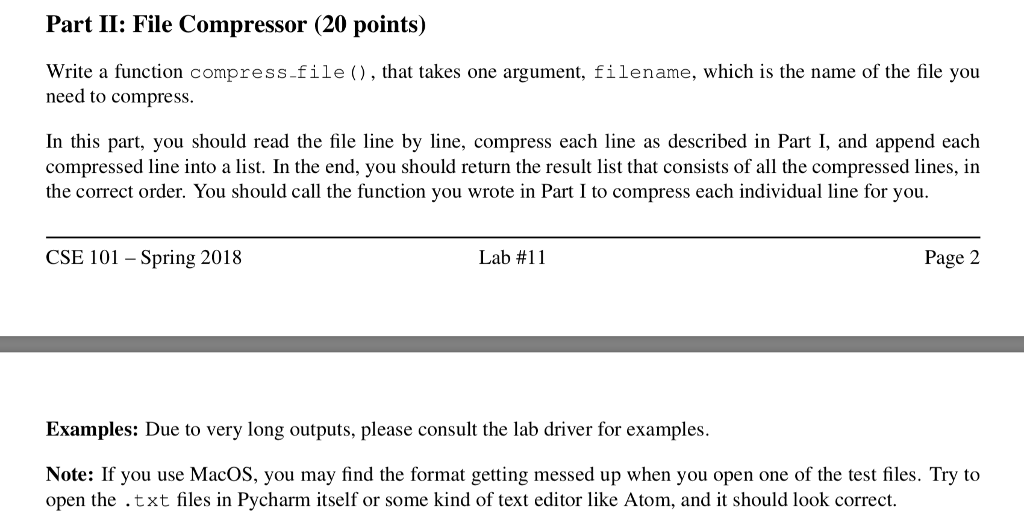 Solved Part II: File Compressor (20 points) Write a function | Chegg.com
