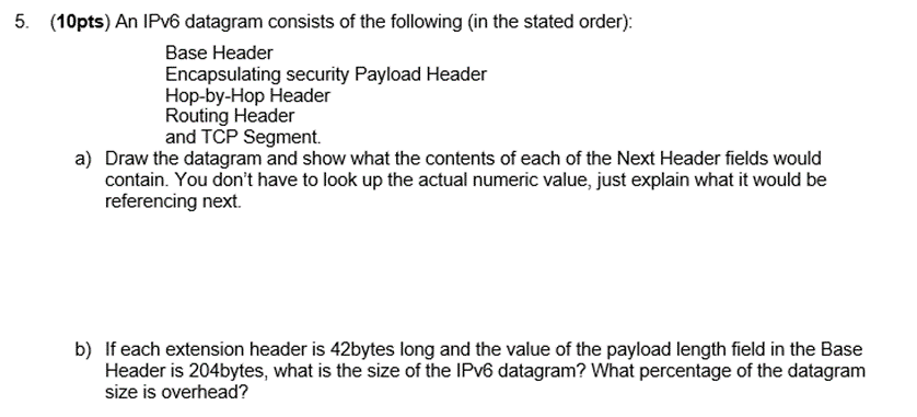 Solved 5. (10pts) An IPv6 datagram consists of the following | Chegg.com