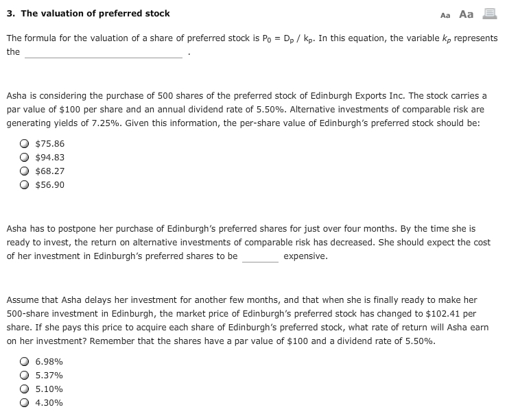 Solved The valuation of preferred stock The formula for the | Chegg.com