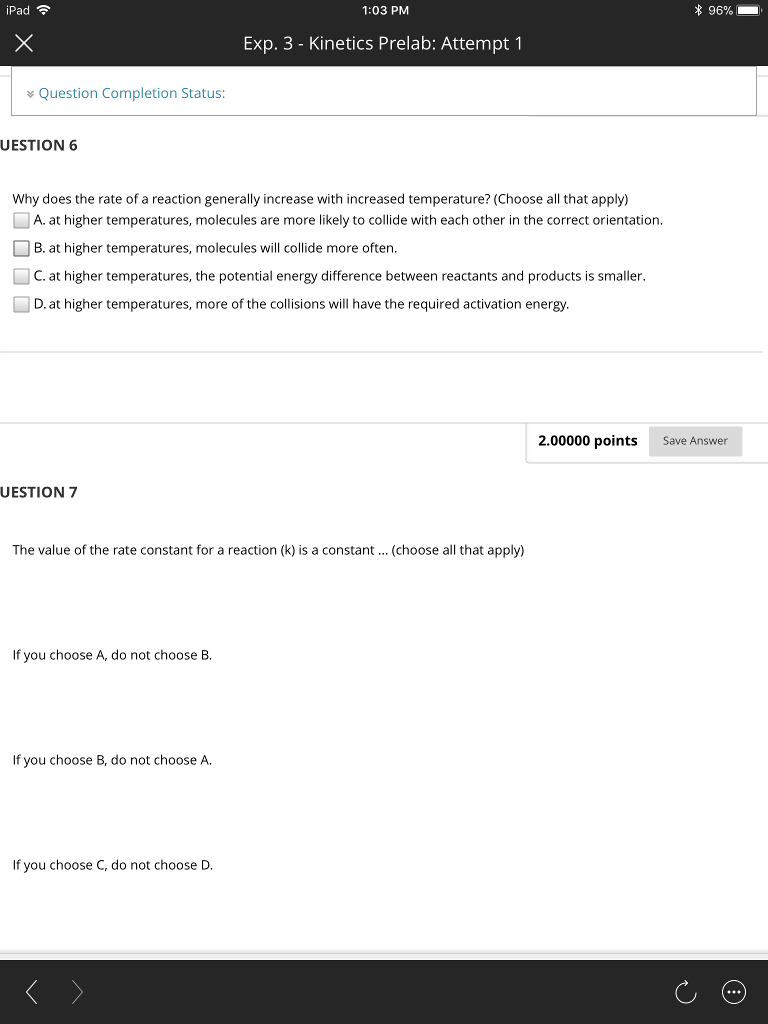 Solved iPad令 1:03 PM * 96% Exp. 3 - Kinetics Prelab: Attempt | Chegg.com