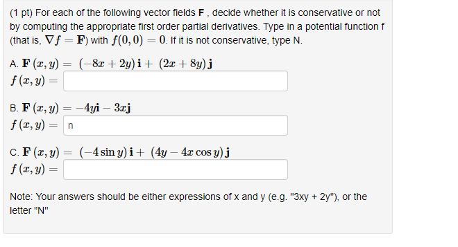 Solved (1 pt) For each of the following vector fields F, | Chegg.com