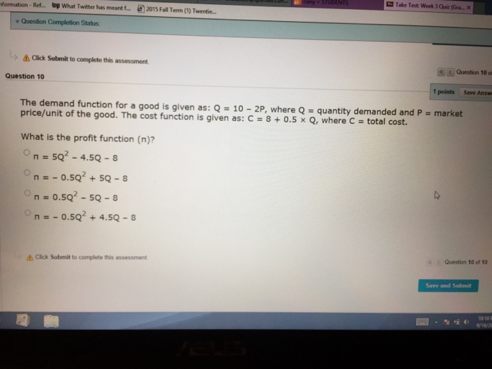 Solved The demand function for a good is given as: Q = 10 - | Chegg.com