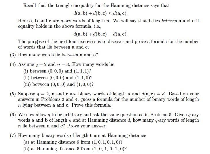 Solved Recall that the triangle inequality for the Hamming | Chegg.com