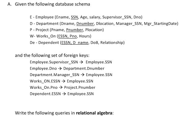 Solved A. Given the following database schema E Employee | Chegg.com