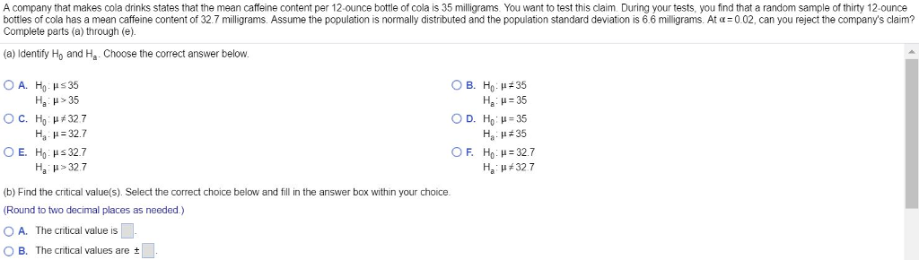 Solved A company that makes cola drinks states that the mean | Chegg.com