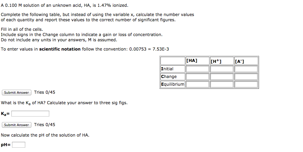 Solved A 0.100 M solution of an unknown acid, HA, is 1.47% | Chegg.com