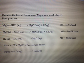 Calculate the heat of formation of Magnesium oxide | Chegg.com