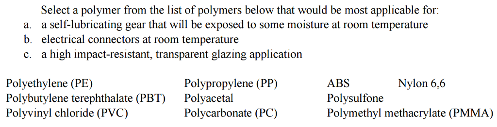 Solved Select a polymer from the list of polymers below that | Chegg.com