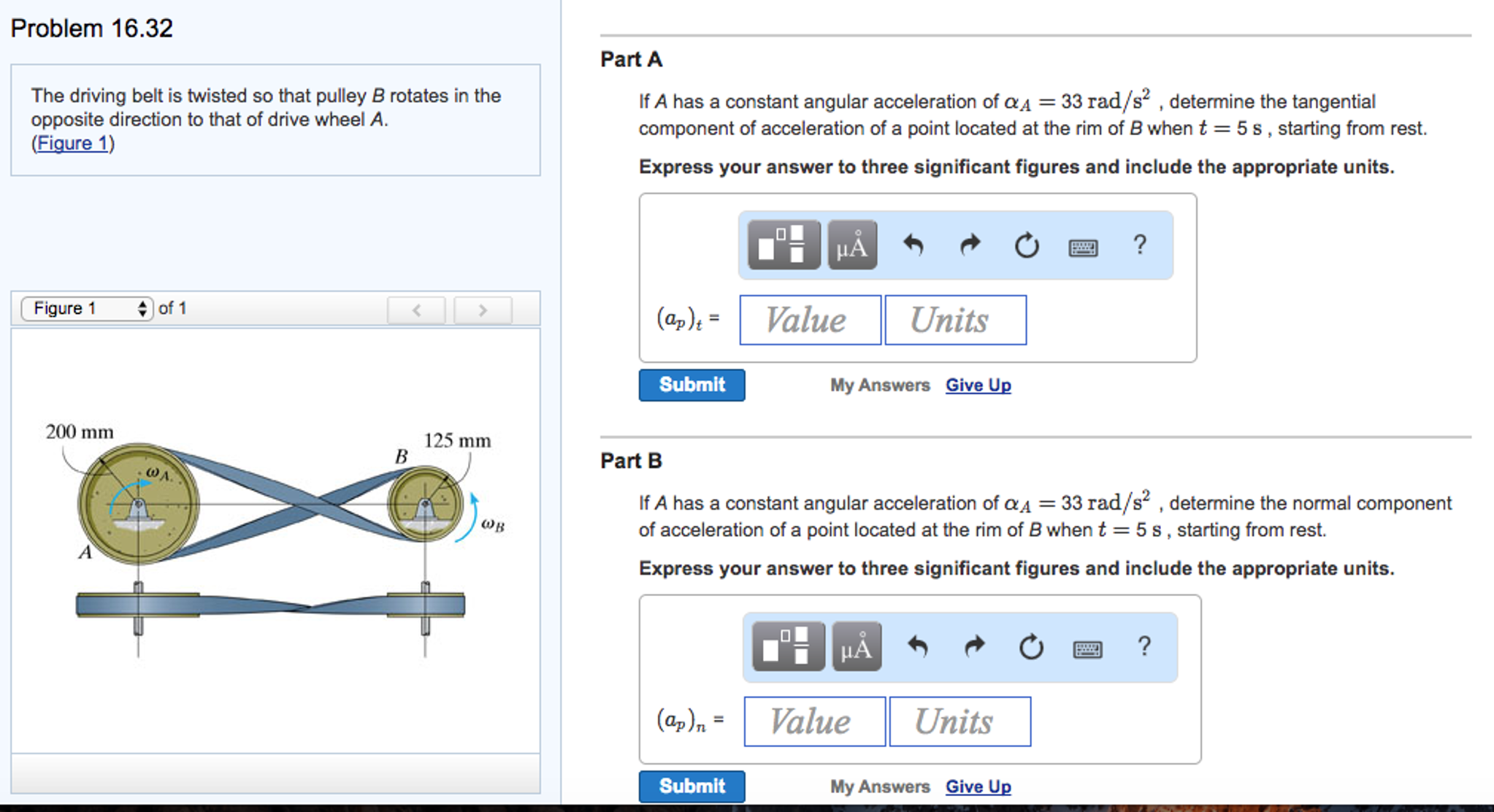 Solved The driving belt is twisted so that pulley B rotates | Chegg.com
