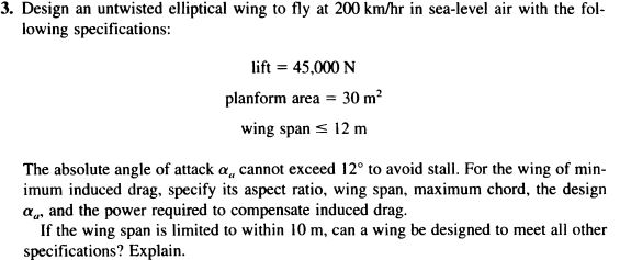 Solved 3. Design an untwisted elliptical wing to fly at 200 | Chegg.com
