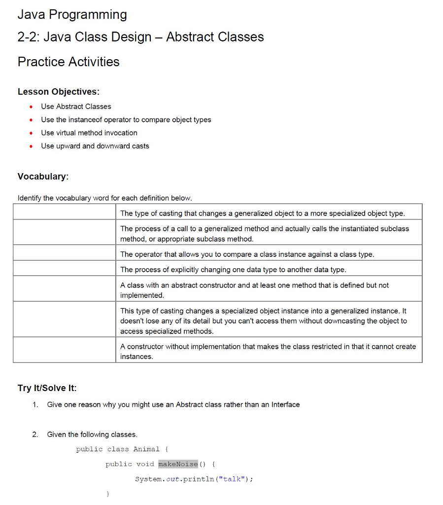 Solved Java Programming 2 2 Java Class Design Abstract