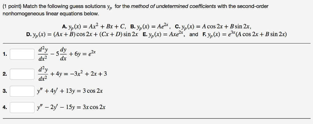 Solved (1 point) Match the following guess solutions yp for | Chegg.com