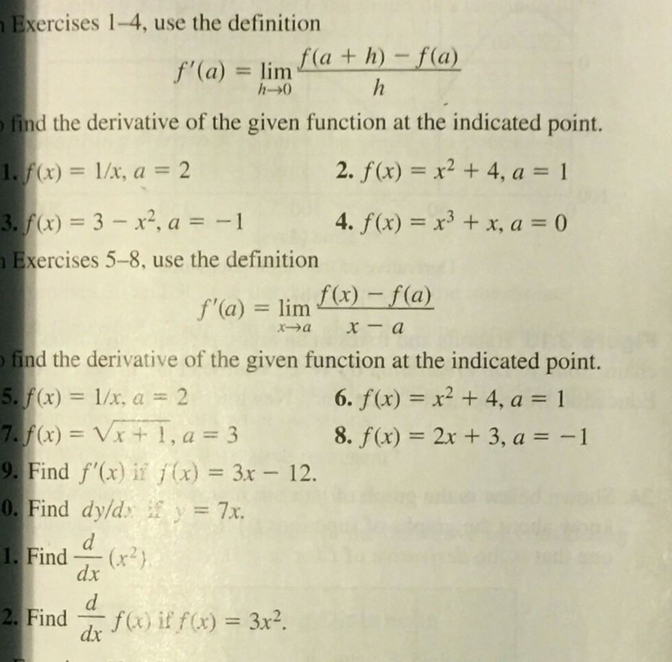 Solved Exercises 1-4, use the definition f' ( f(a + h)-f(a) | Chegg.com