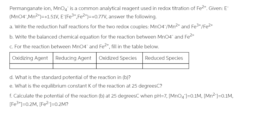 Solved Permanganate ion, MnO_4^- is a common analytical | Chegg.com