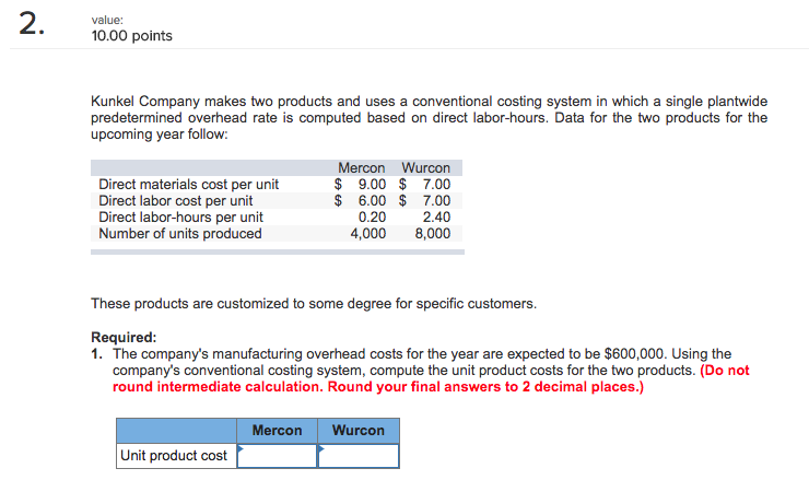 Solved 2 value: 10.00 points Kunkel Com predetermined | Chegg.com