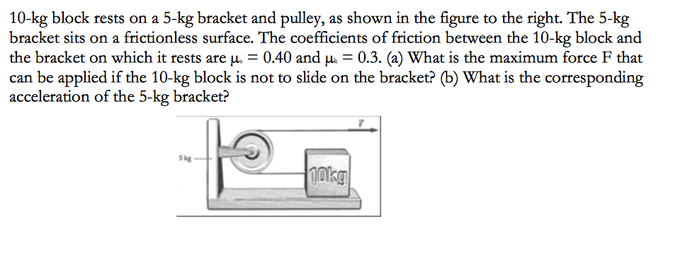 Solved 10-kg block rests on a 5-kg bracket and pulley, as | Chegg.com