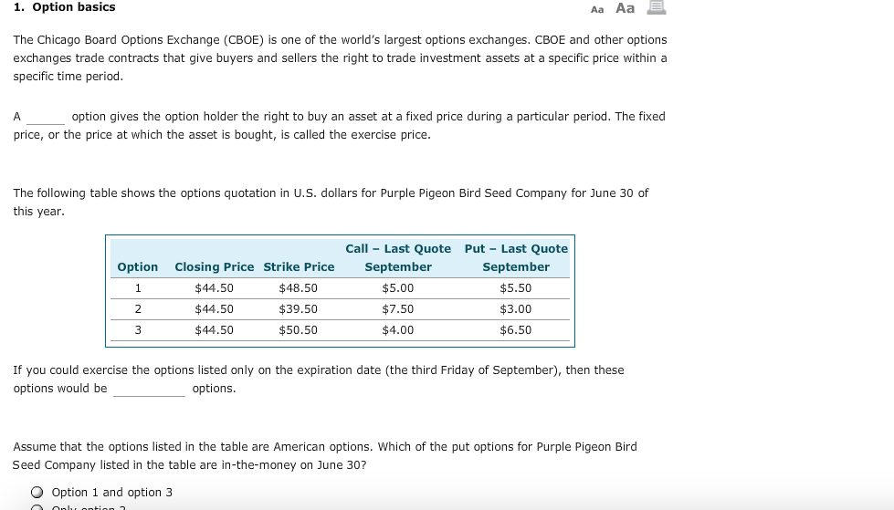 Solved 1. option basics Aa Aa E The Chicago Board Options | Chegg.com