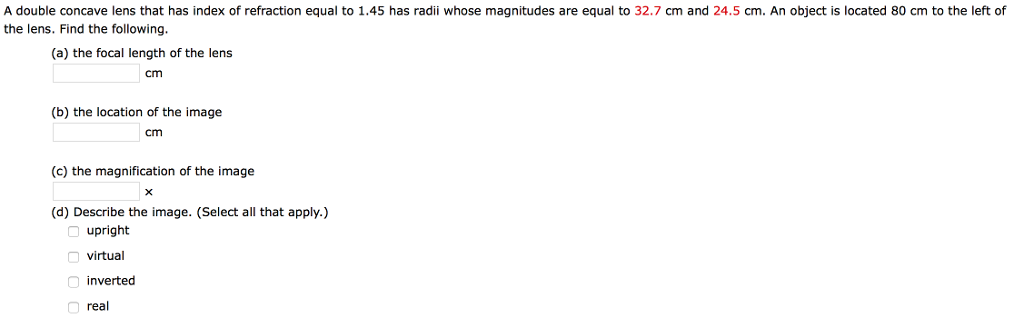 Solved A double concave lens that has index of refraction | Chegg.com