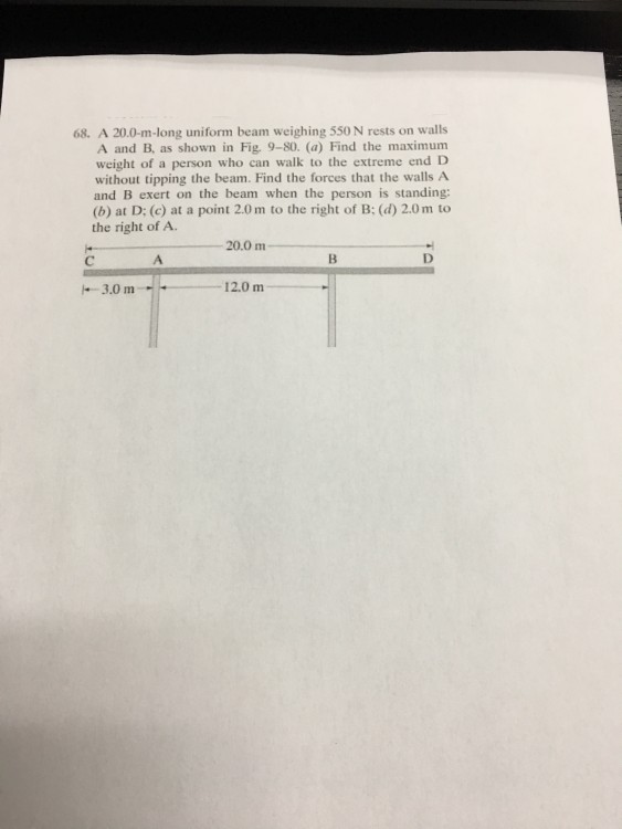 Solved 68. A 20.0-m-long uniform beam weighing 550 N rests | Chegg.com