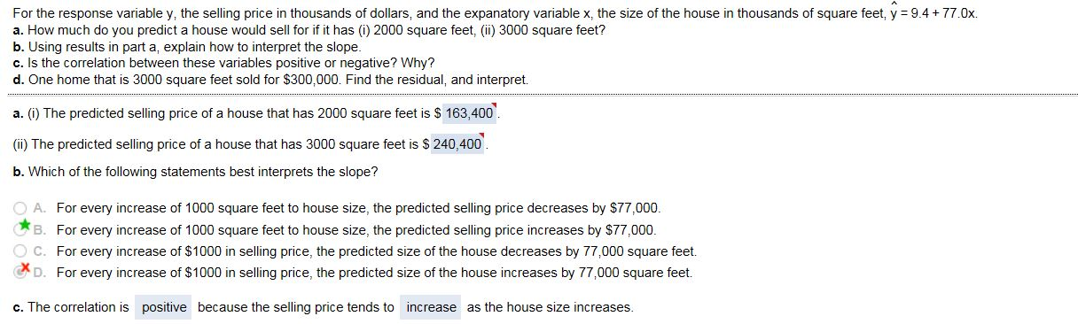 Solved For the response variable y, the selling price in | Chegg.com
