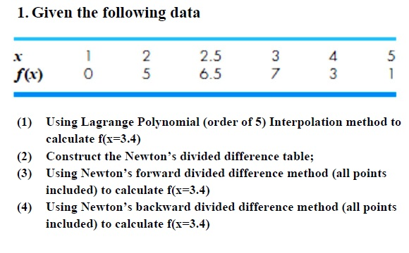 Given the following data Using Lagrange Polynomial | Chegg.com