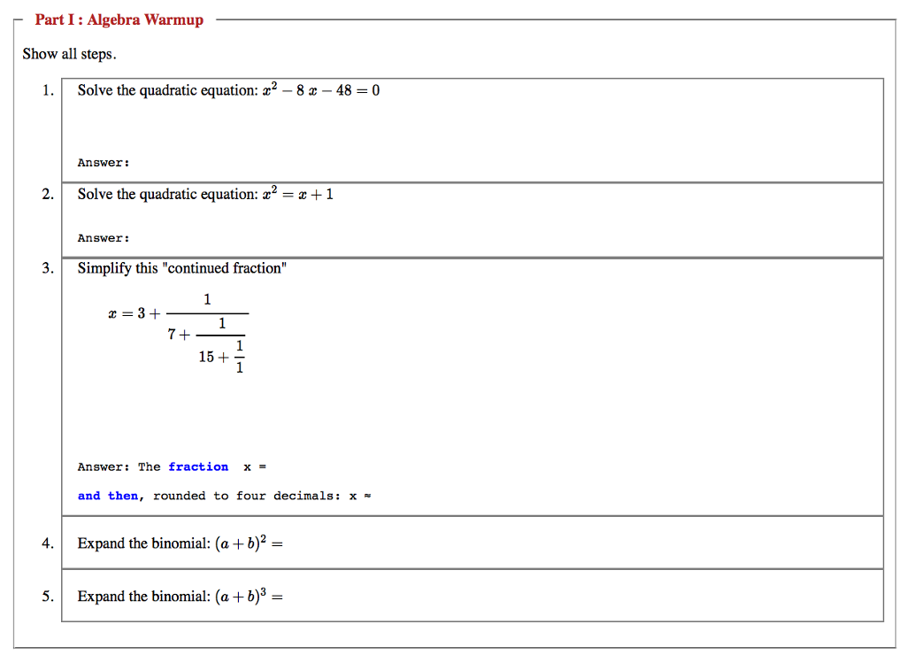 Solved Part I Algebra Warmup Show all steps. 1. Solve the | Chegg.com